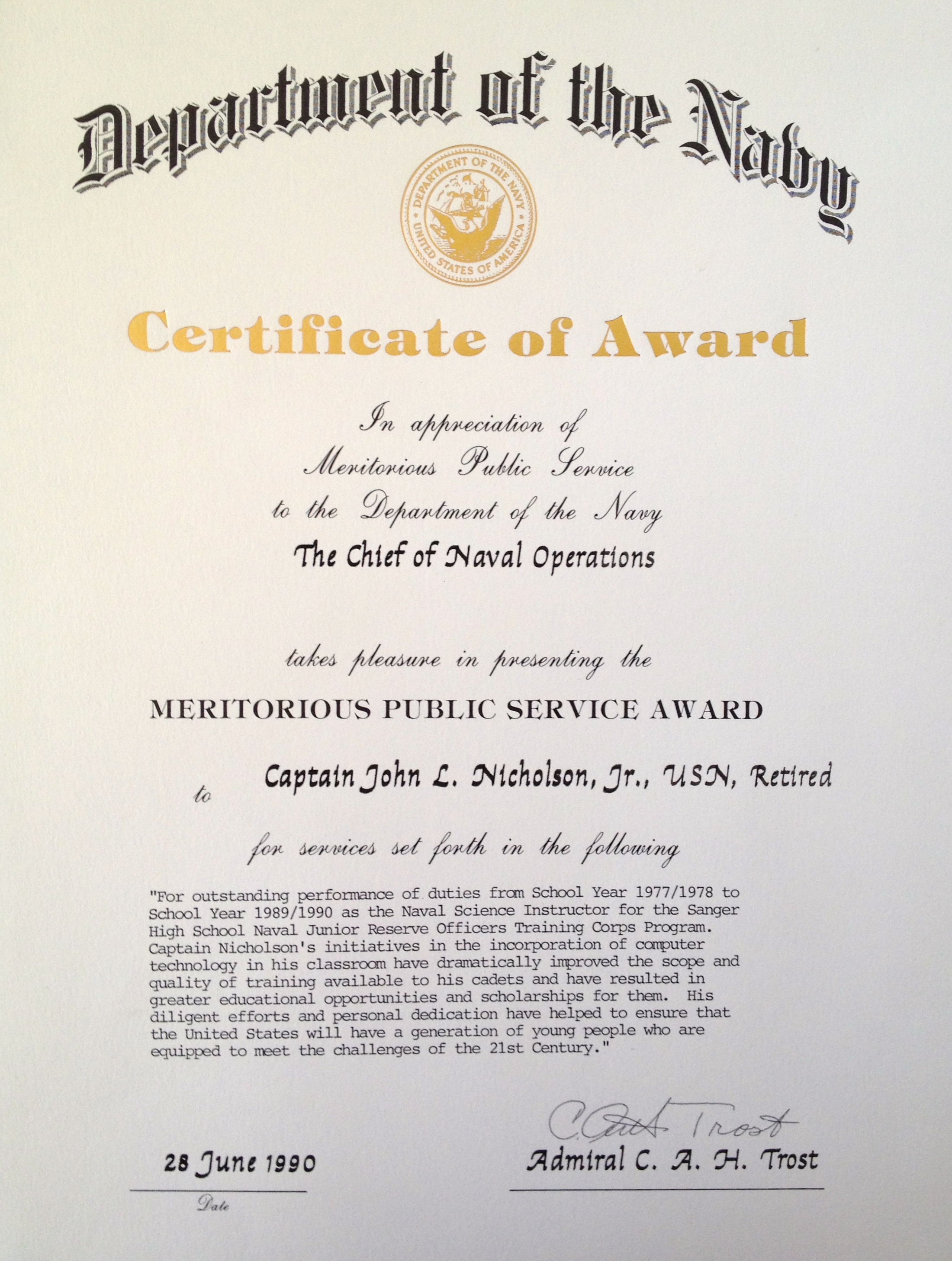 13 Meritorious Public Service Award - Captain John L. Nicholson